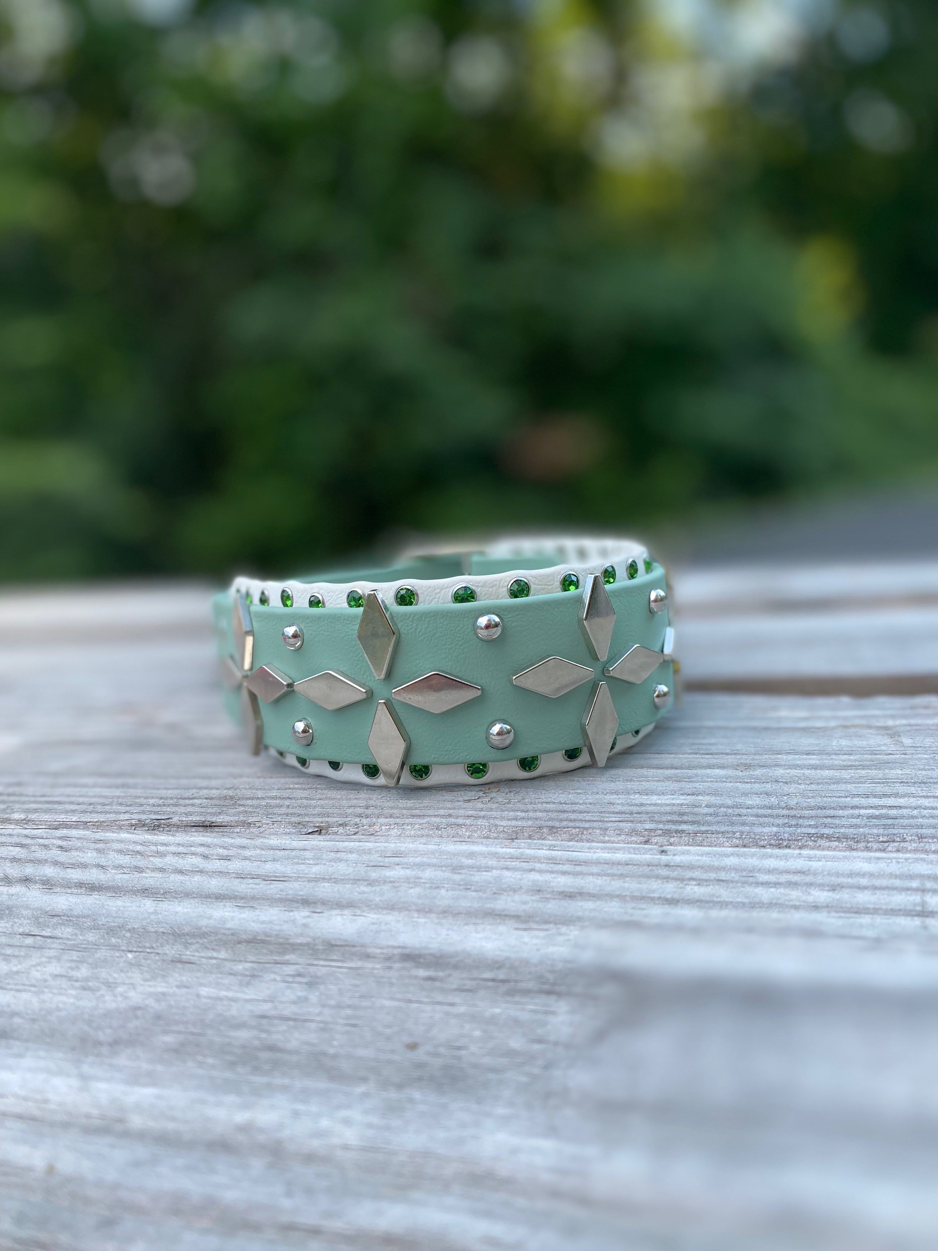 Sage Green and White Double Layered Biothane Collar with Rhinestones ...